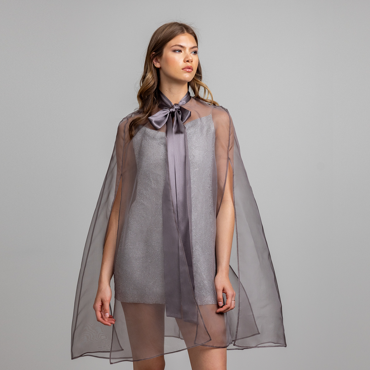 Silk Organza Cape cape with side slits & tie collar - Dark Silver ...