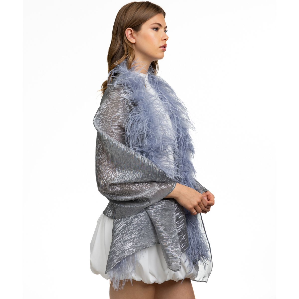 Lurex Pinstriped Silk Chiffon Shawl w. Ostrich Boa - Black & Grey ...