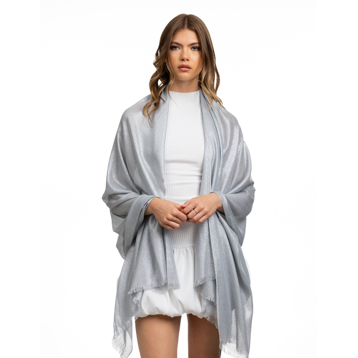 Metallic Shawl - Light Grey & Silver – Carolyn Rowan Collection