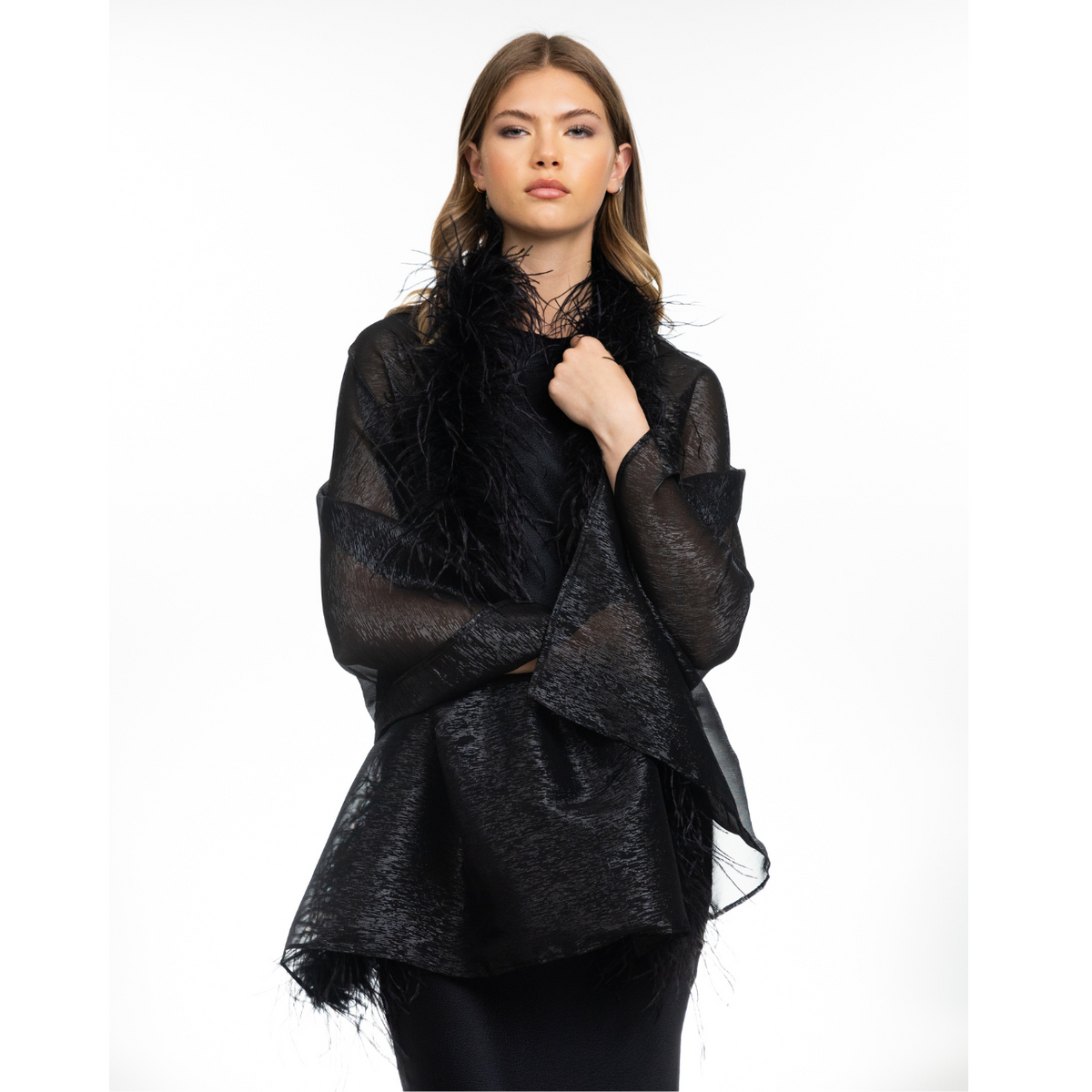 Lurex Pinstriped Silk Chiffon Shawl w. Ostrich Boa - Black – Carolyn ...